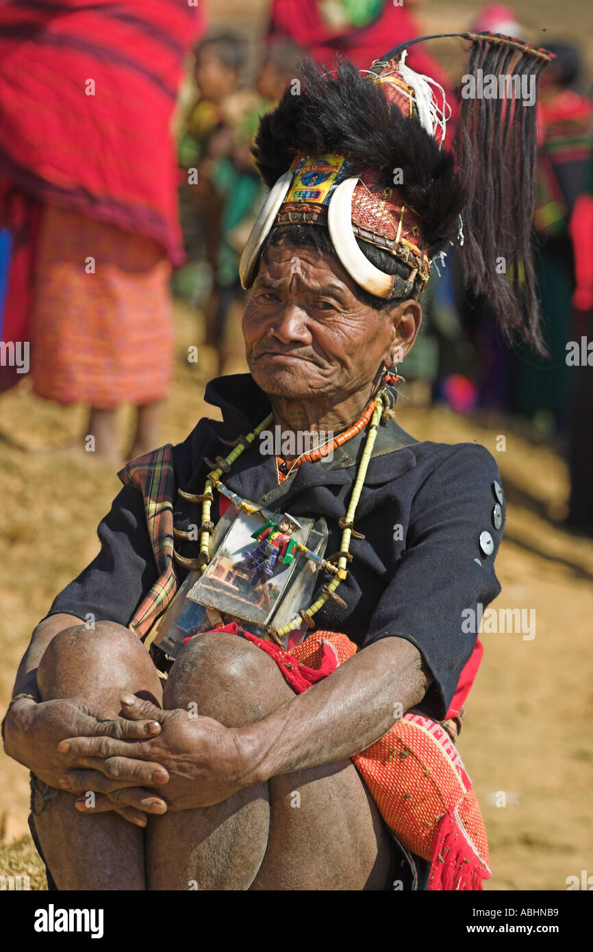 MYANMAR Naga chief of Magyan village wearing tradition headdress with ...