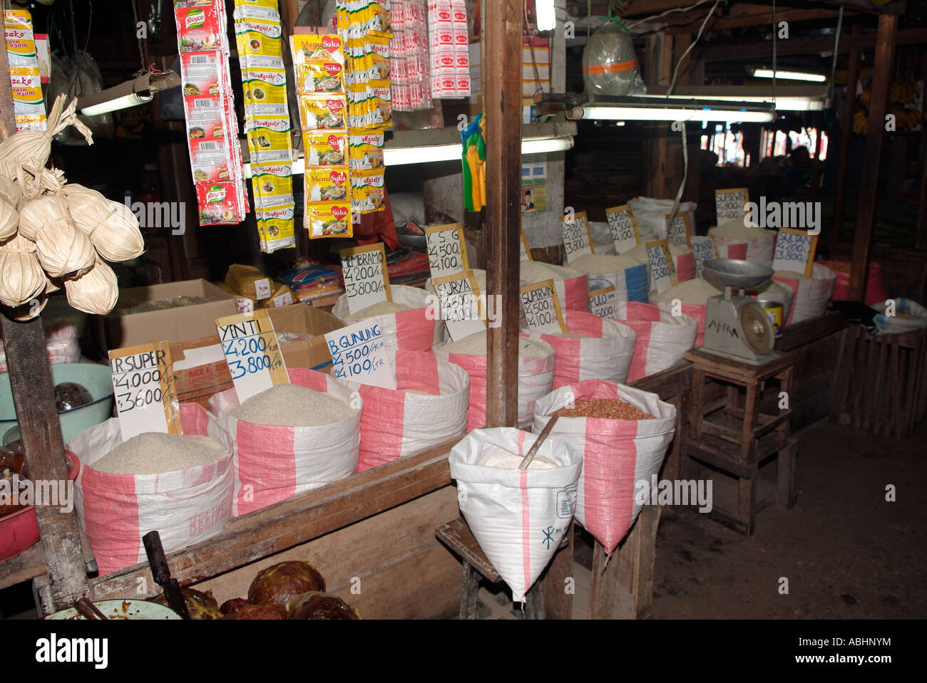 Booth selling rice, local market in Manado, North Sulawesi Stock Photo ...
