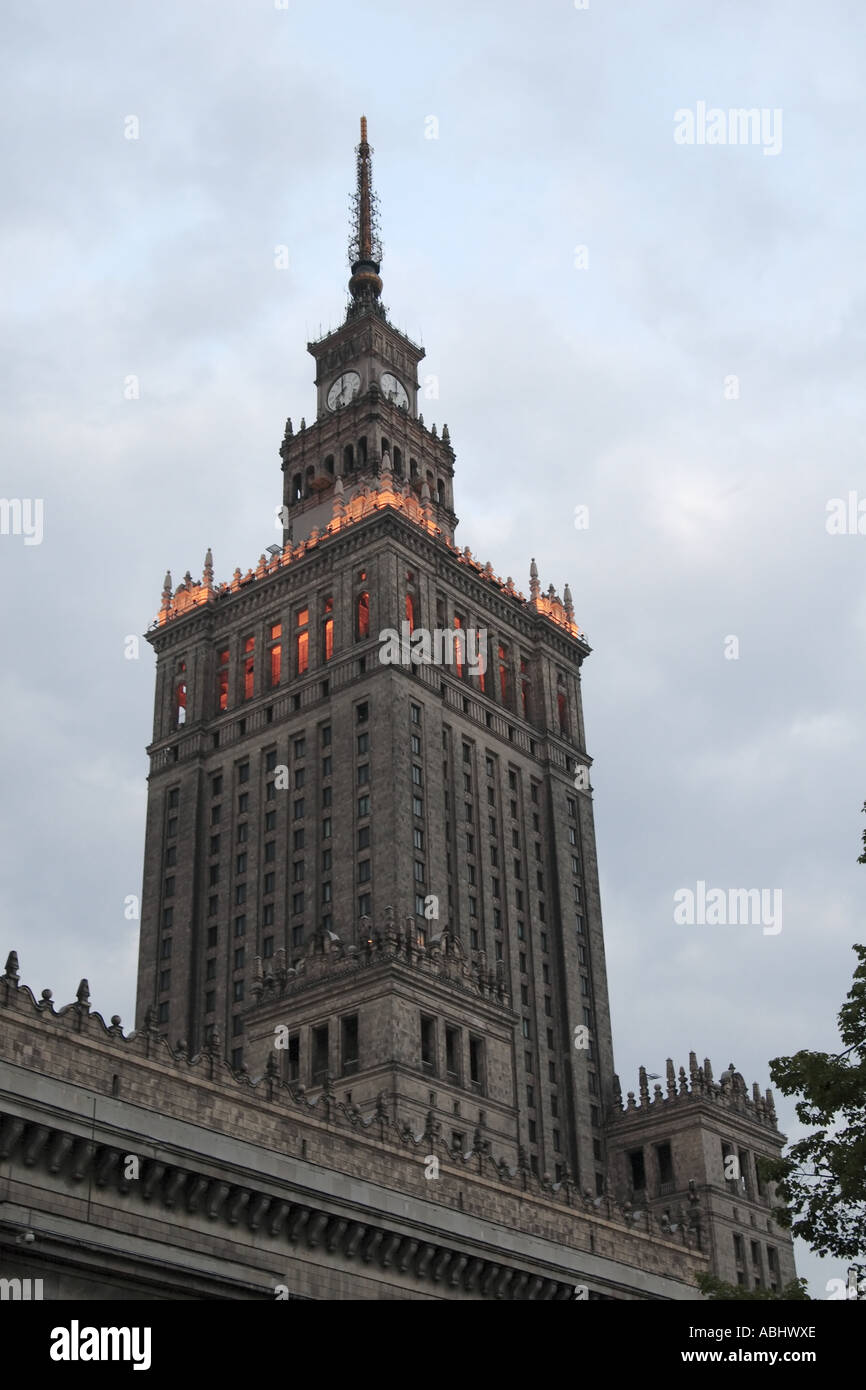 Palace of culture and science Warsaw Poland Eastern Europe PKiN lit up ...