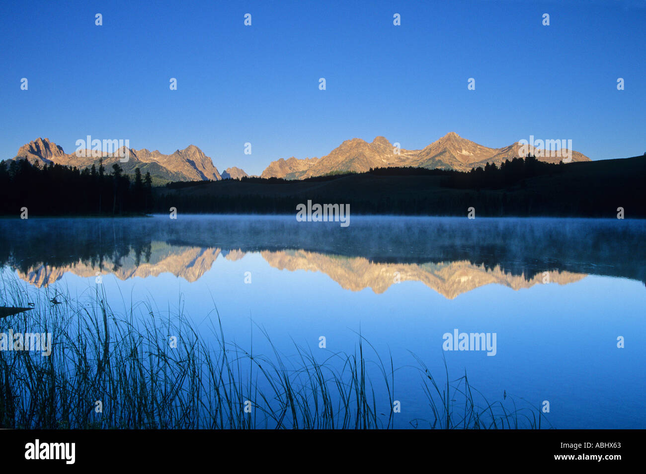 Little Redfish Lake reflects the Sawtooth Mountain Range at surise in ...