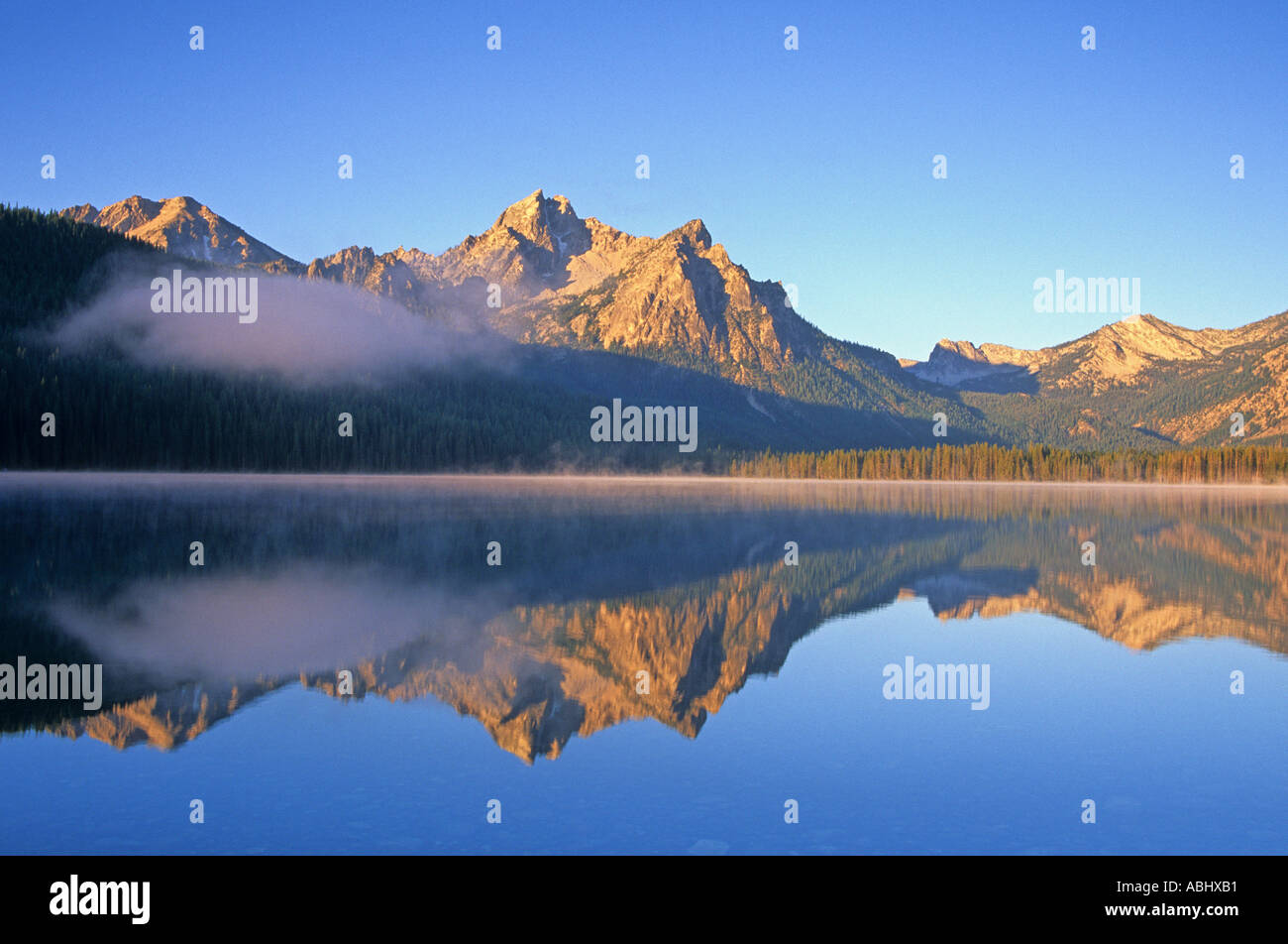 The Sawtooth Mountain Range above Stanley Lake in the Sawtooth National ...