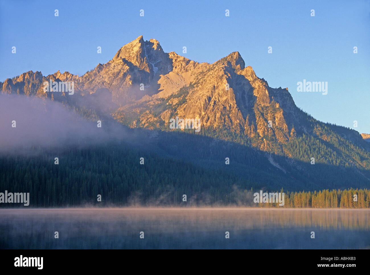 The Sawtooth Mountain Range above Stanley Lake in the Sawtooth National ...