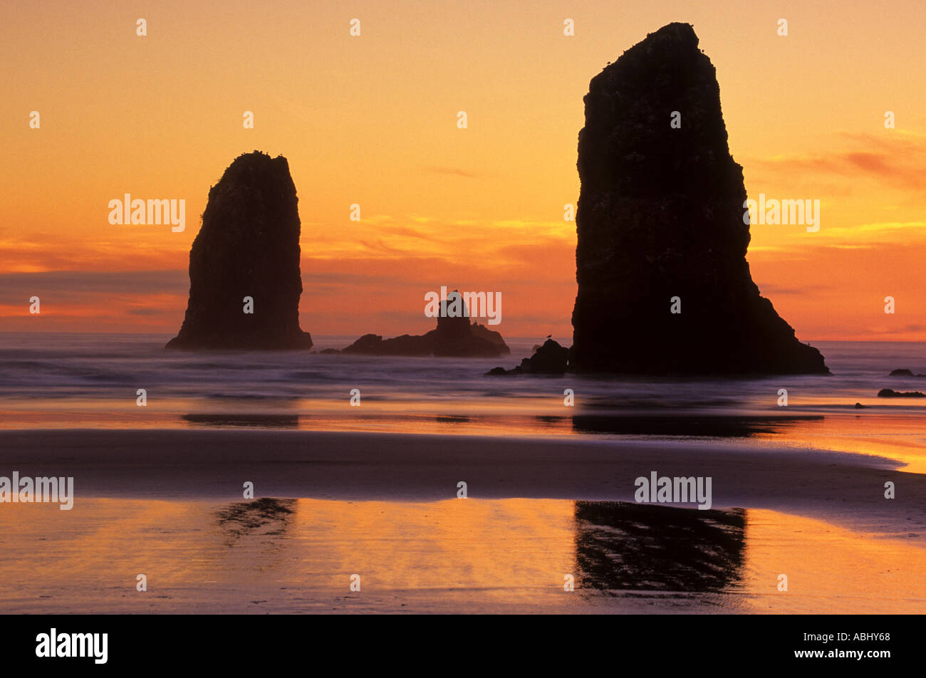 Sunset behind sea stacks at Cannon Beach, Oregon, USA Stock Photo - Alamy