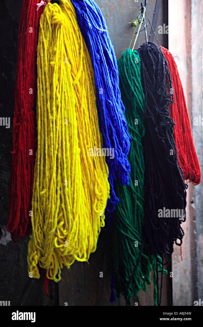Brightly coloured wool drying in Marrakesh souk Stock Photo - Alamy