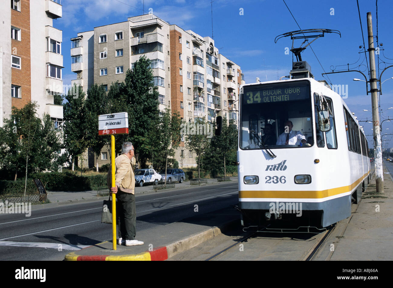 Bucharest, Romania. Modern RATB tram at stop Stock Photo - Alamy