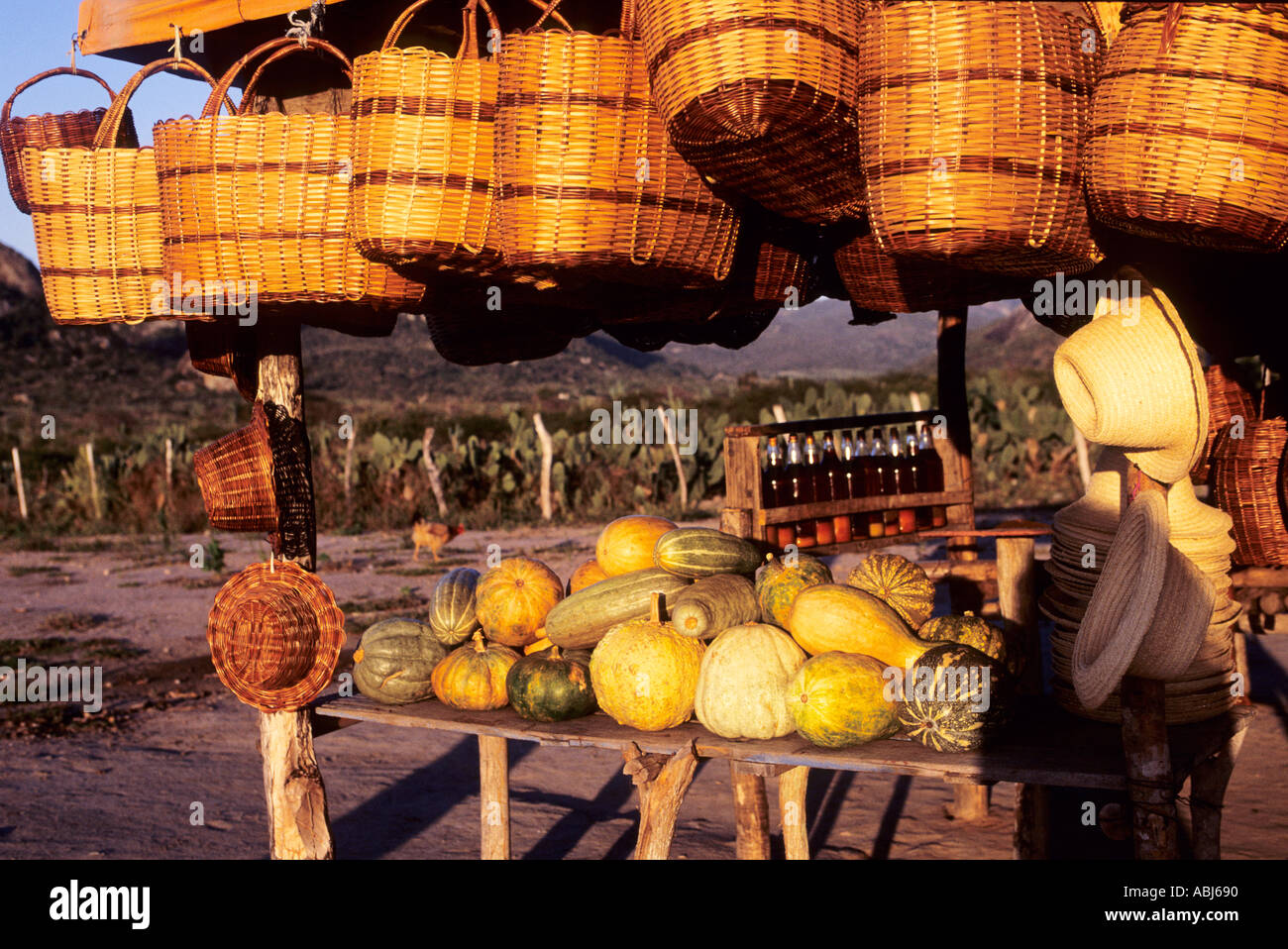 Bahia, Brazil. Roadside rural market stall selling baskets, squash and ...