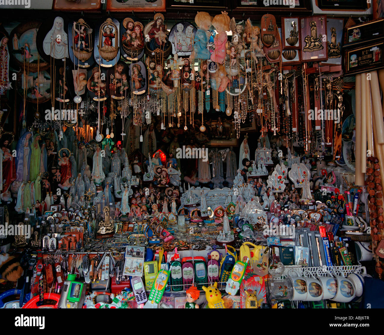 A souvenir shop in Fatima filled with religious figurines and trinkets ...