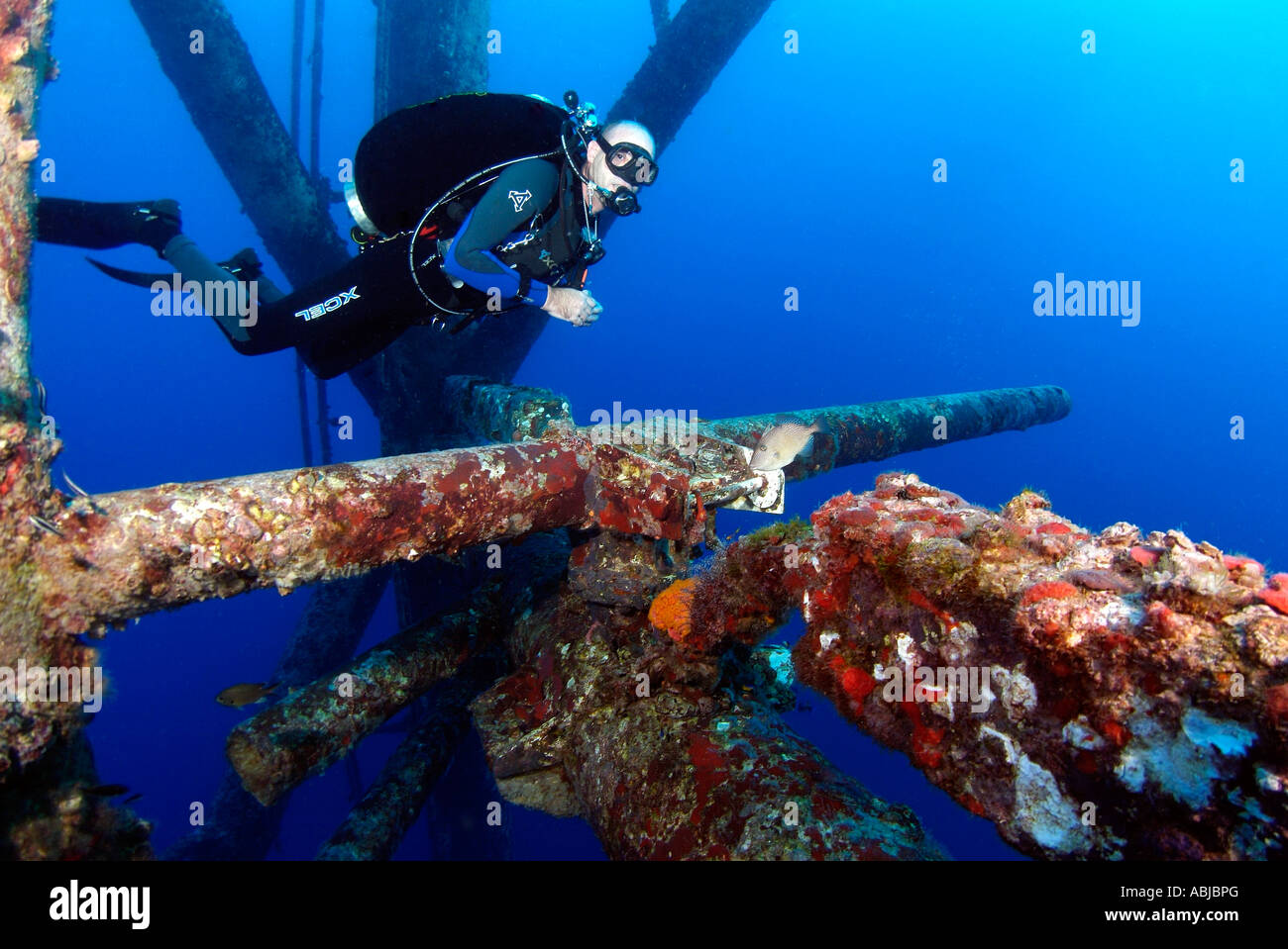 Diver swimming in a rig in the Gulf of Mexico, off Texas Stock Photo ...