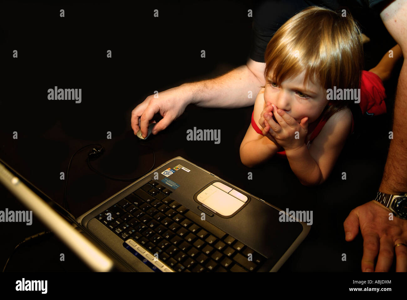Young girl watching the screen of a laptop computer Stock Photo - Alamy