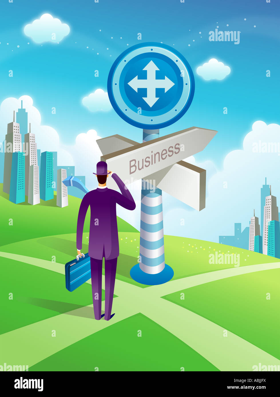 Rear view of a businessman standing in front of a directional sign ...