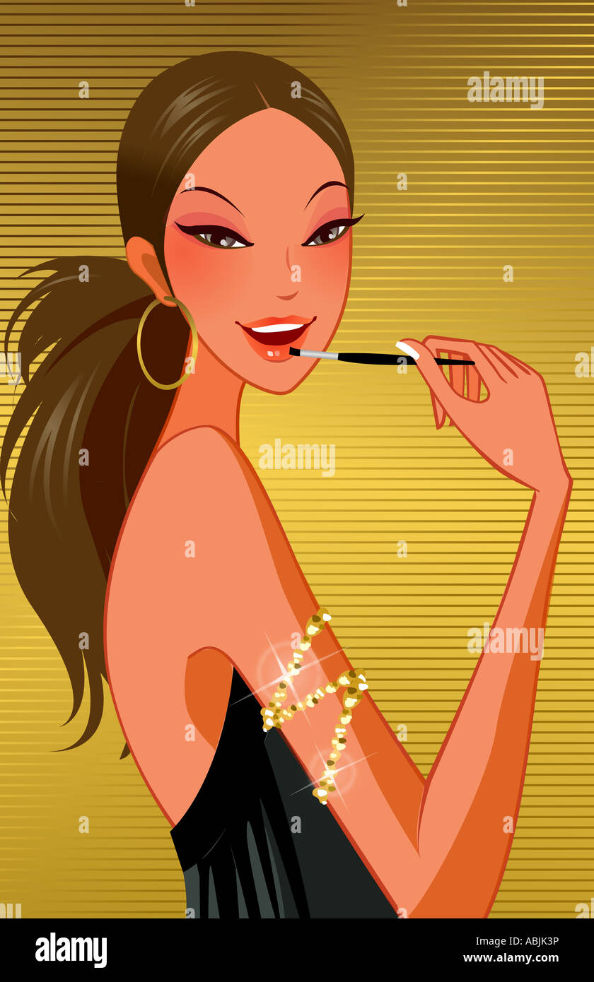 Side profile of a woman applying lipstick Stock Photo - Alamy