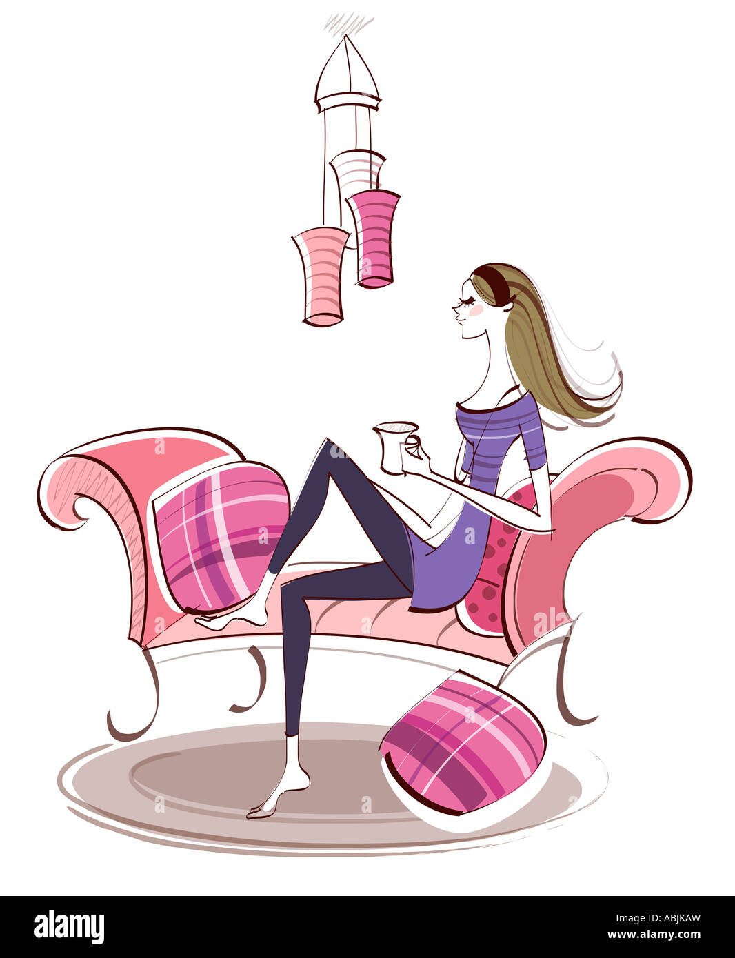 Side profile of a woman sitting on a couch and holding a cup of coffee ...