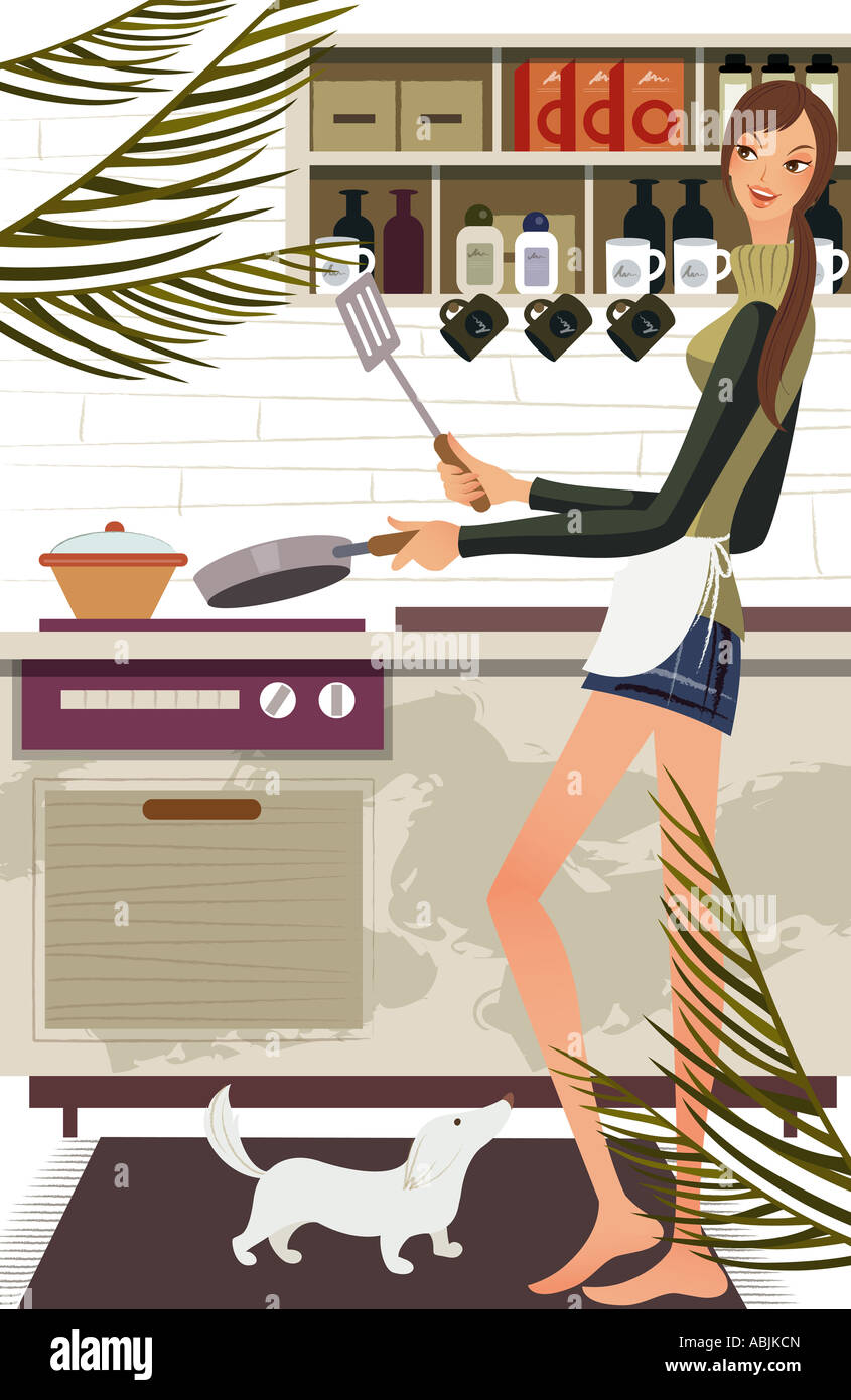 Side profile of a woman cooking food in the kitchen Stock Photo - Alamy