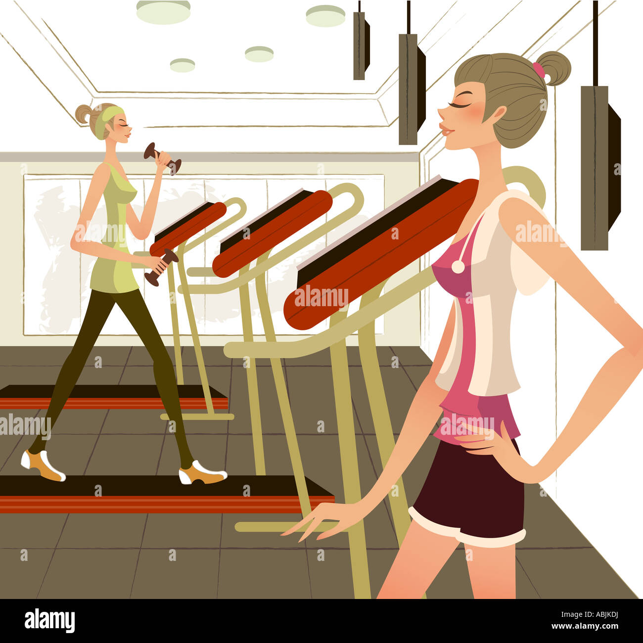 Side profile of a woman standing with her hand on her hip with another ...