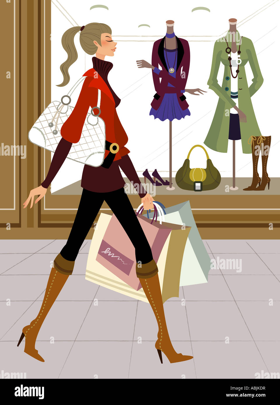 Side profile of a woman carrying shopping bags in front of a store ...