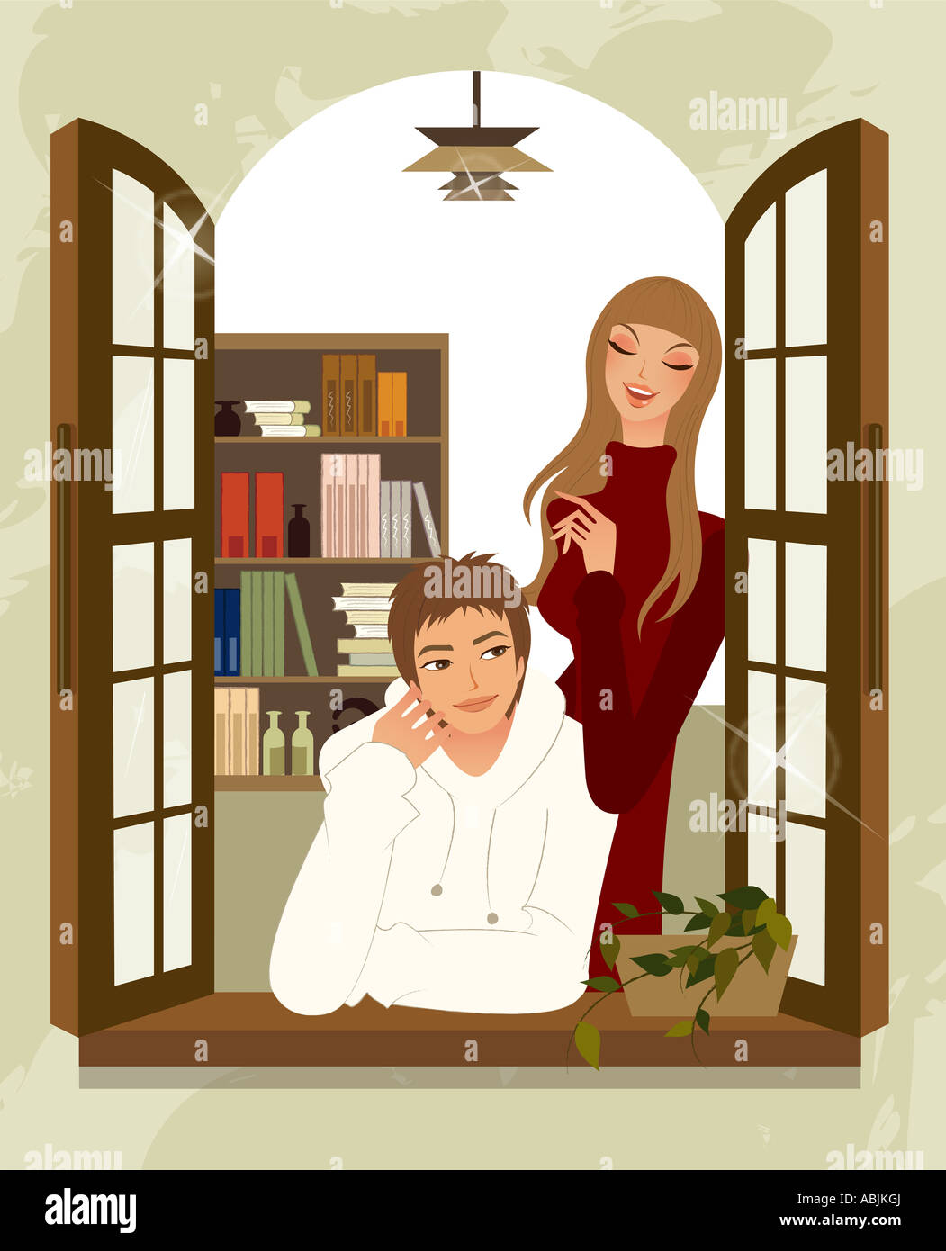 Man leaning against a window with a woman standing behind him Stock ...