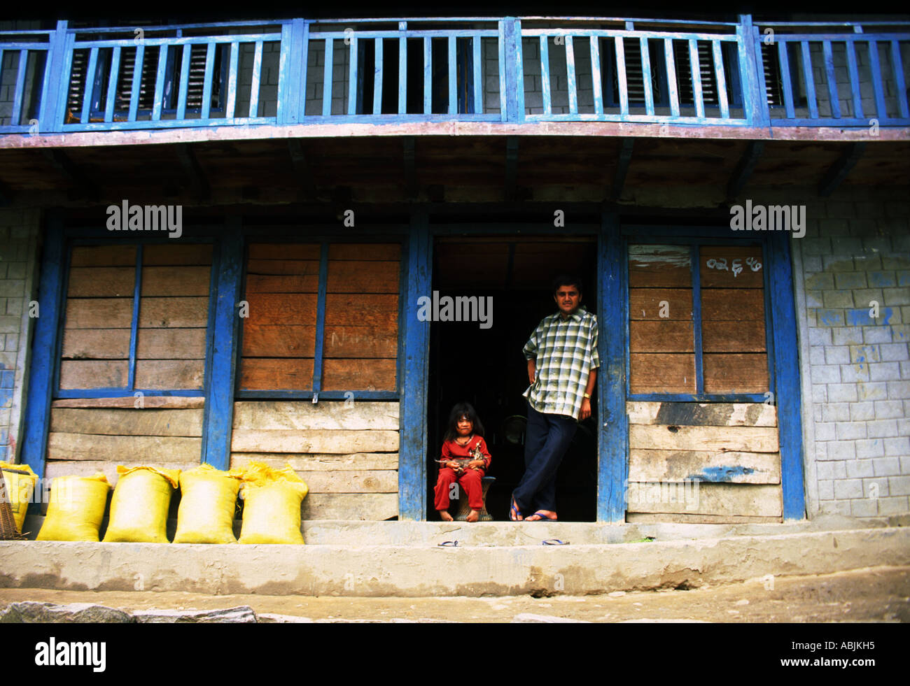 A shop house in Besi Sahar, Nepal, along the Annapurna circuit trekking ...