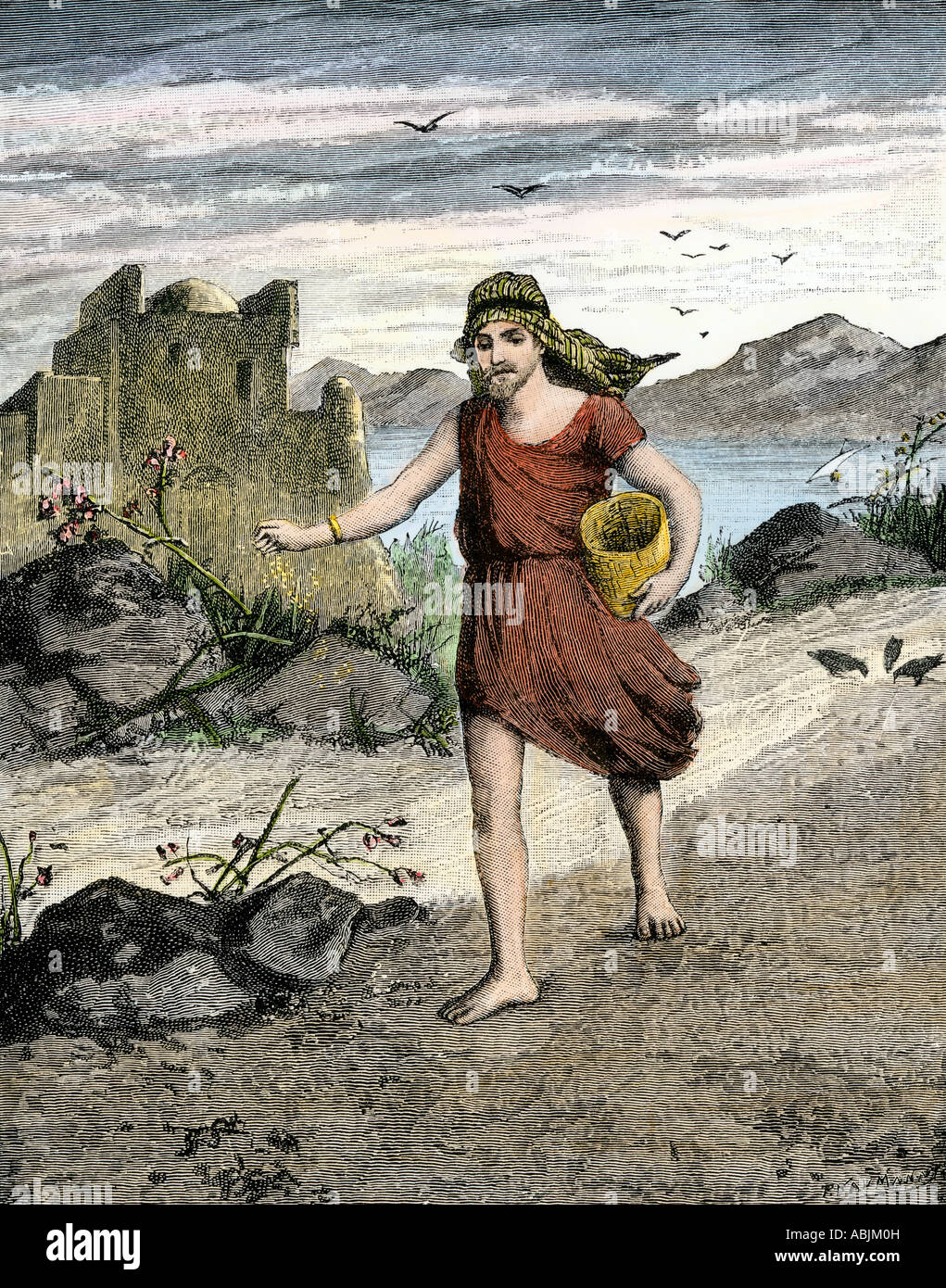 Man sowing seeds in arid ground in ancient times. Hand-colored woodcut ...