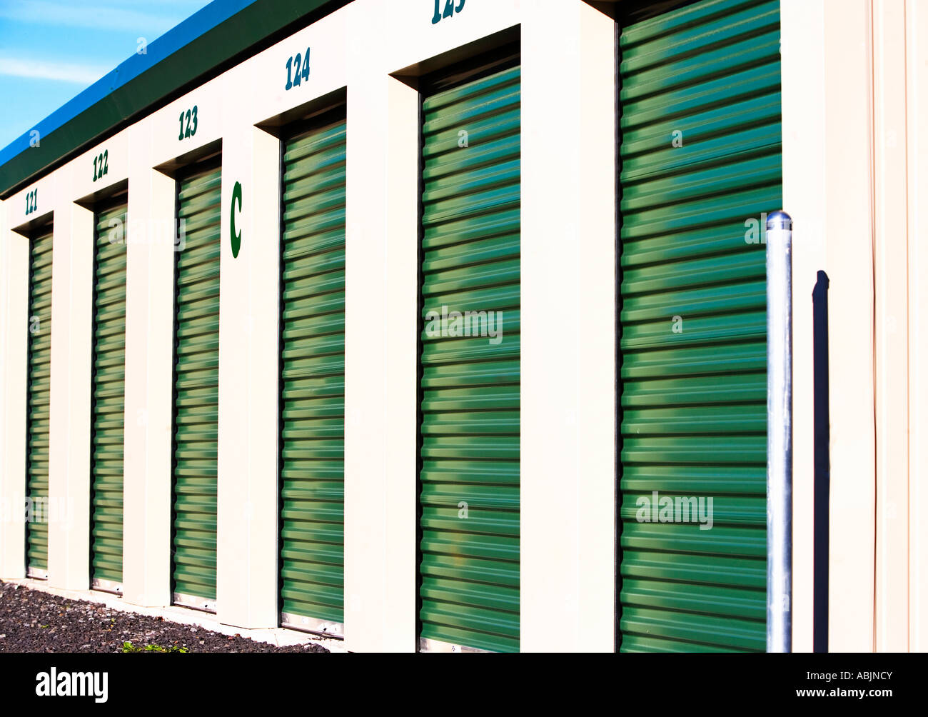 Row of outdoor self storage units Stock Photo - Alamy