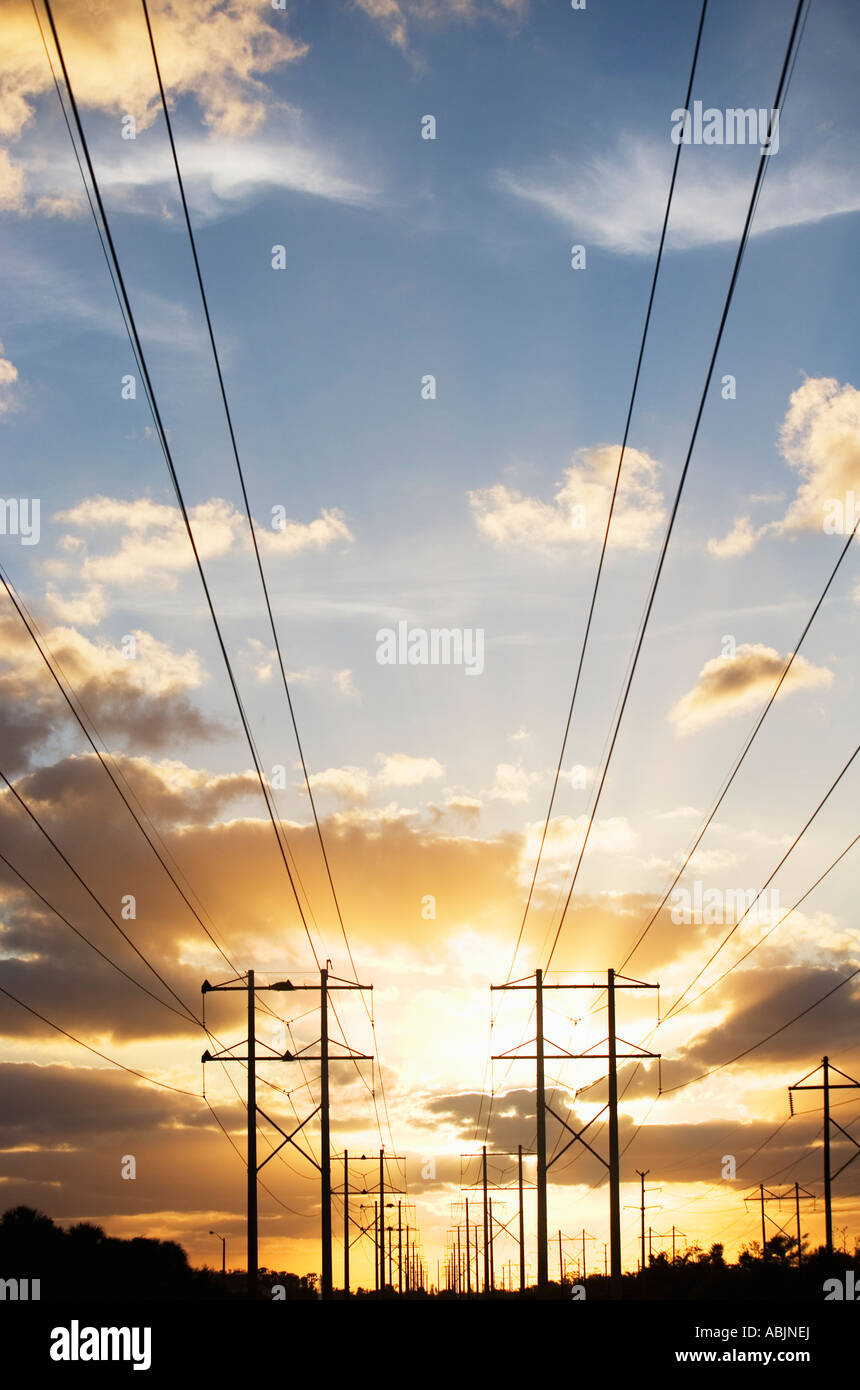 Electrical poles and wires at sunset Stock Photo - Alamy