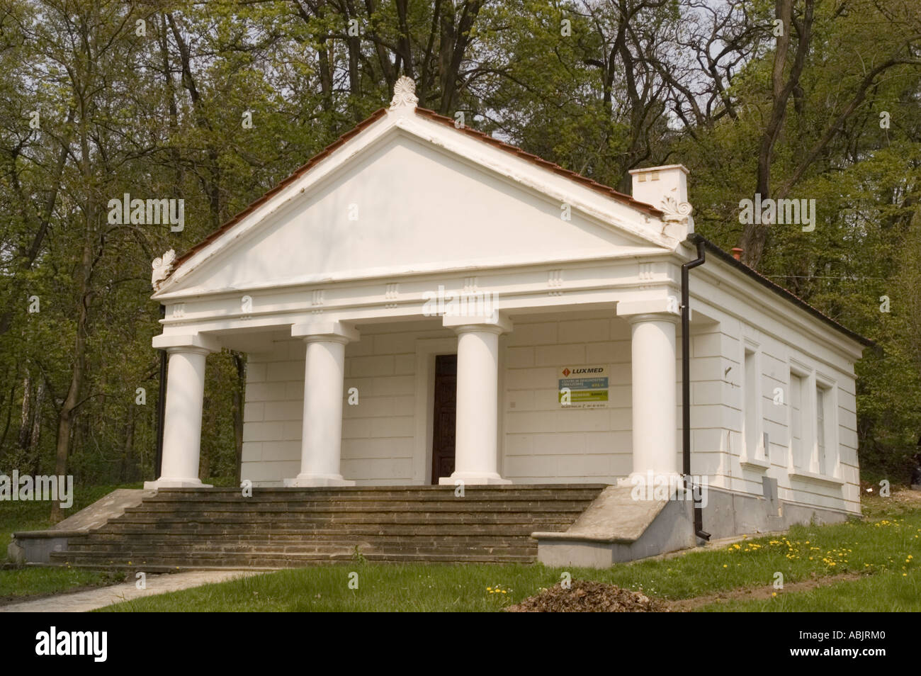 White palace with columns in Naleczow park spa resort near Lublin ...