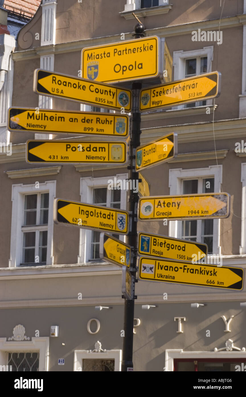 Road sign showing direction and distances to partnership cities Market ...