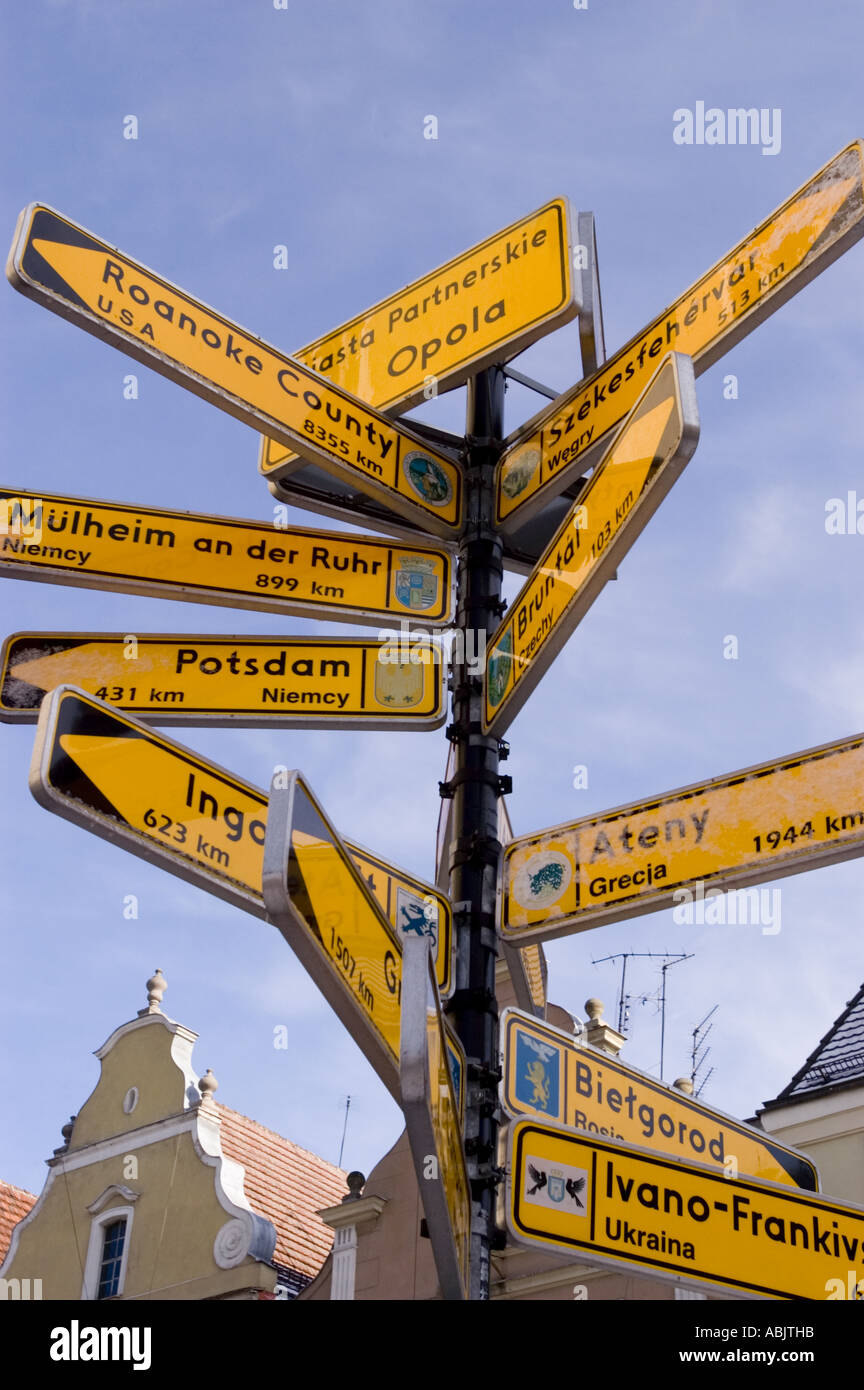 Road sign showing direction and distances to partnership cities Market ...