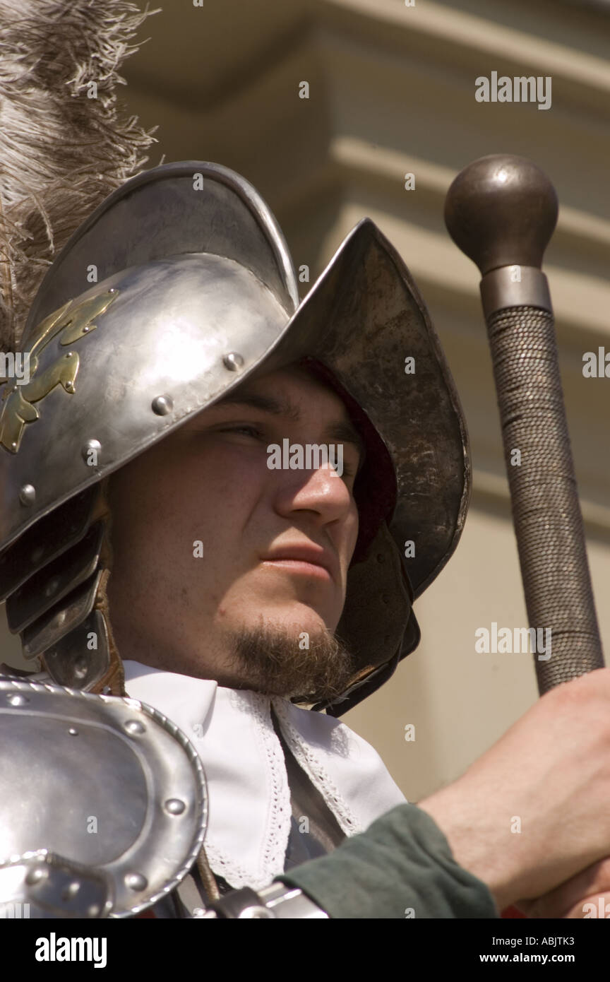 Knight guard in helmet with sword in Market Square in Sandomierz ...