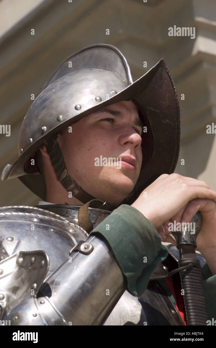 Knight guard in armour and helmet with sword in Sandomierz Poland Stock ...