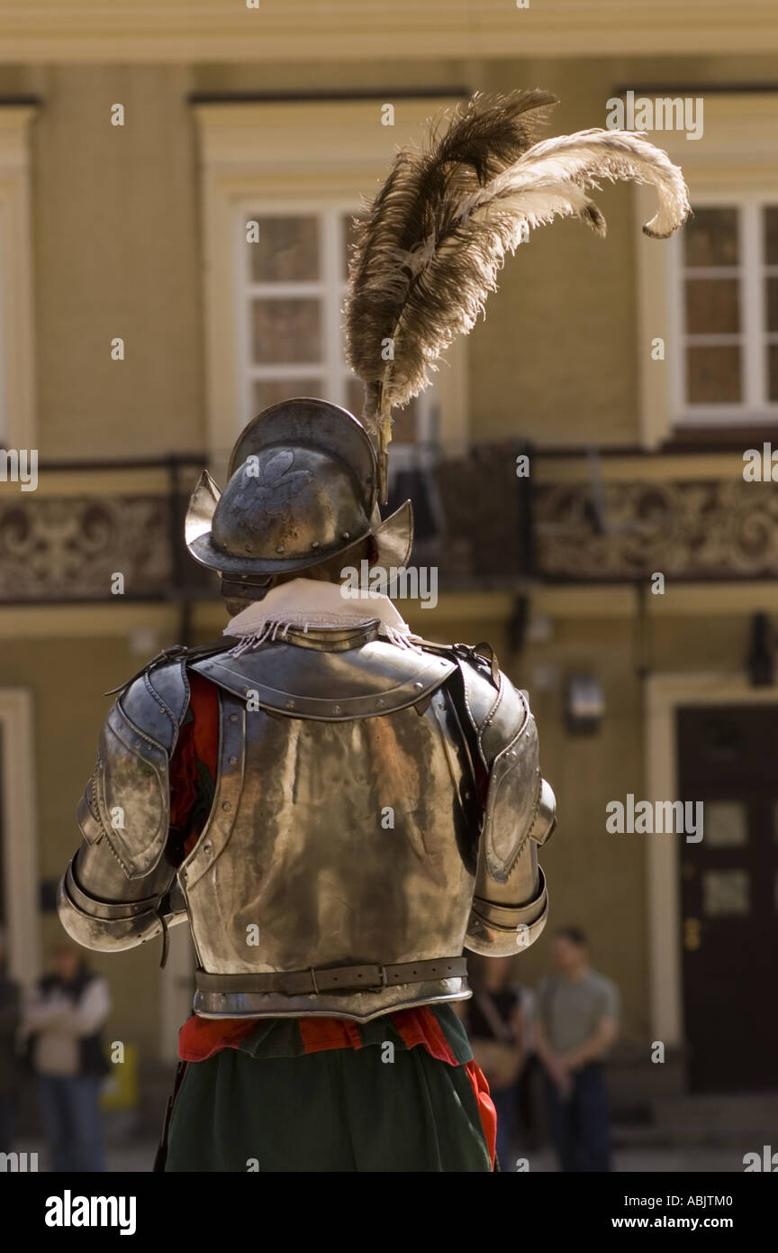 Knight guard in armour and helmet with sword in Sandomierz Poland Stock ...