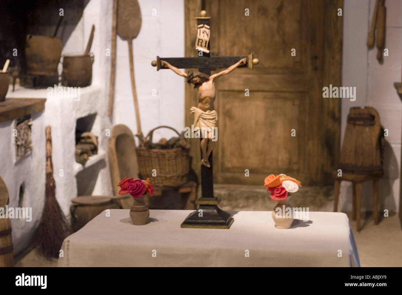 Old traditional interior of Polish Roman Catholic house with cross ...