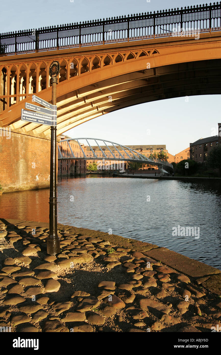 Bridge over Manchester canal water reflections information pole ...