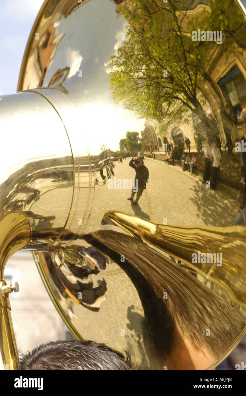 Reflection in big brass trumpet Stock Photo - Alamy