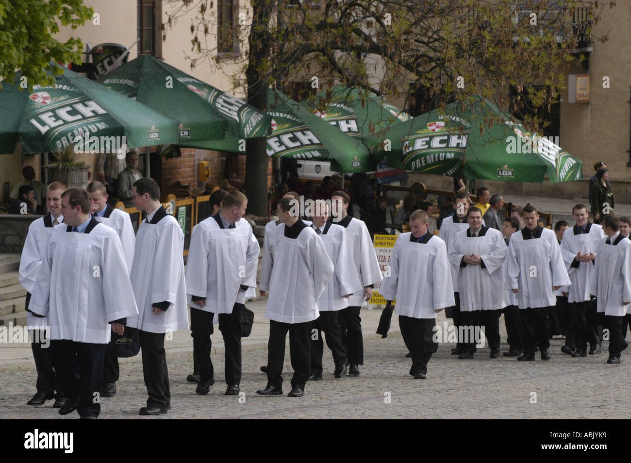 Procession of young Roman Catholic clerics in Sandomierz Poland Stock ...