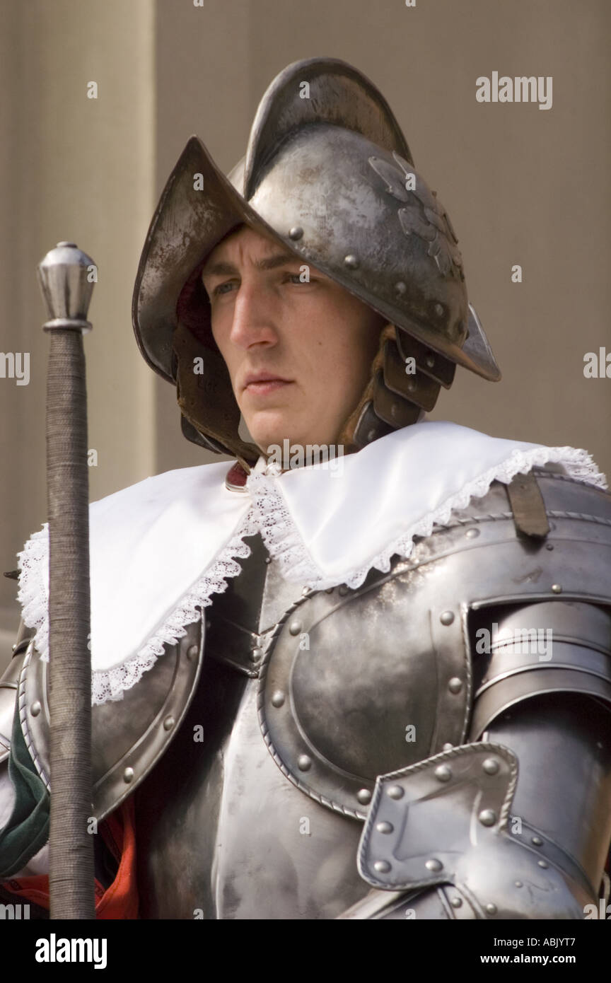 Knight guard in armour and helmet with sword in Sandomierz Poland Stock ...