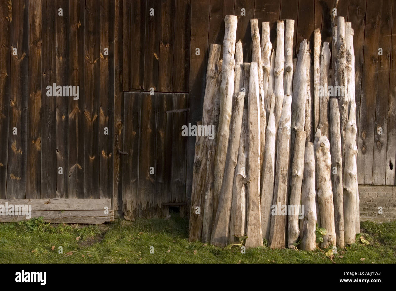 Light timber beams standing next to dark old wooden barn Stock Photo ...