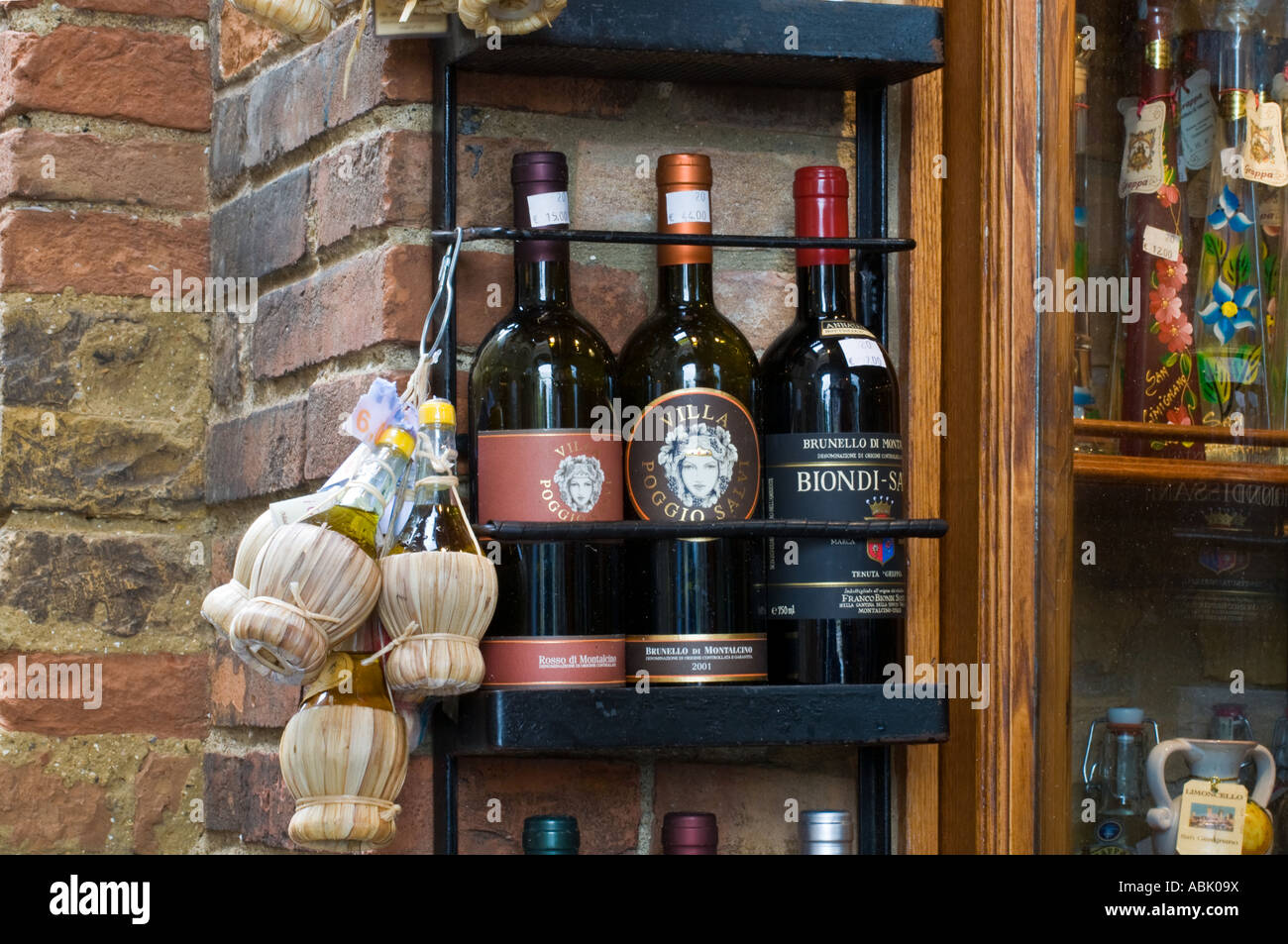 Shop display of wine and assorted Italian wines at San Gimignano Italy ...