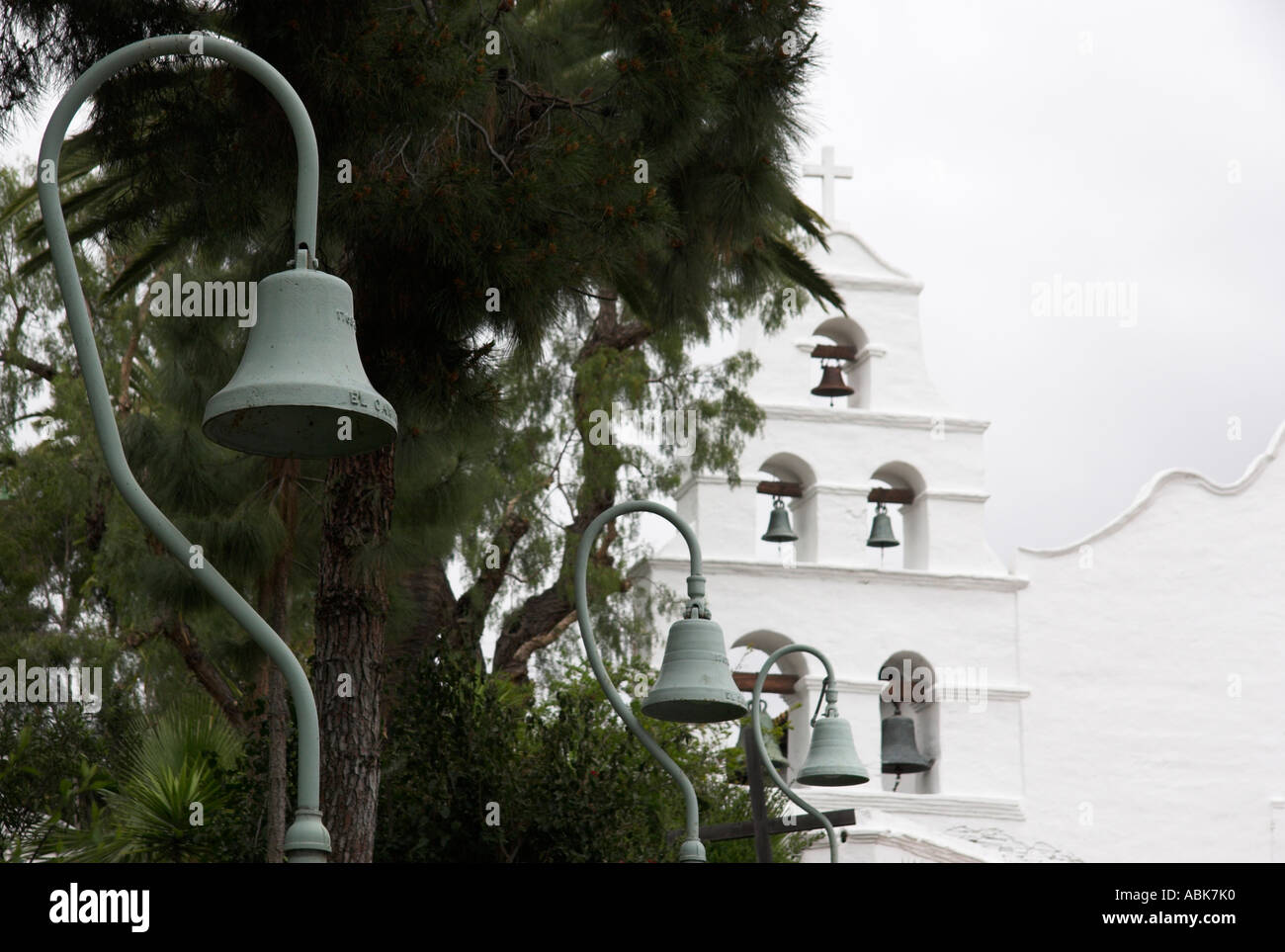 El Camino Real bells, with mission campanario in the background ...