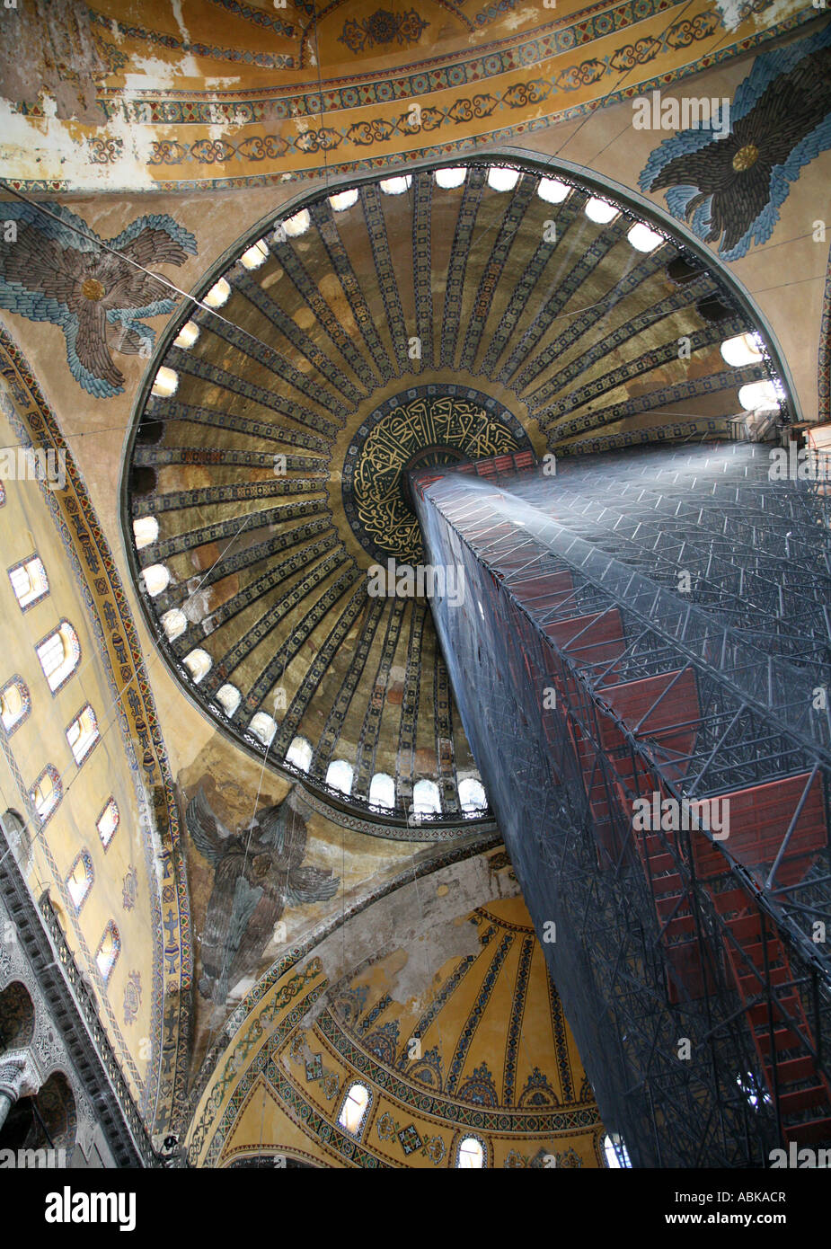 looking-up-at-the-dome-of-the-hagia-sophia-during-renovation-stock