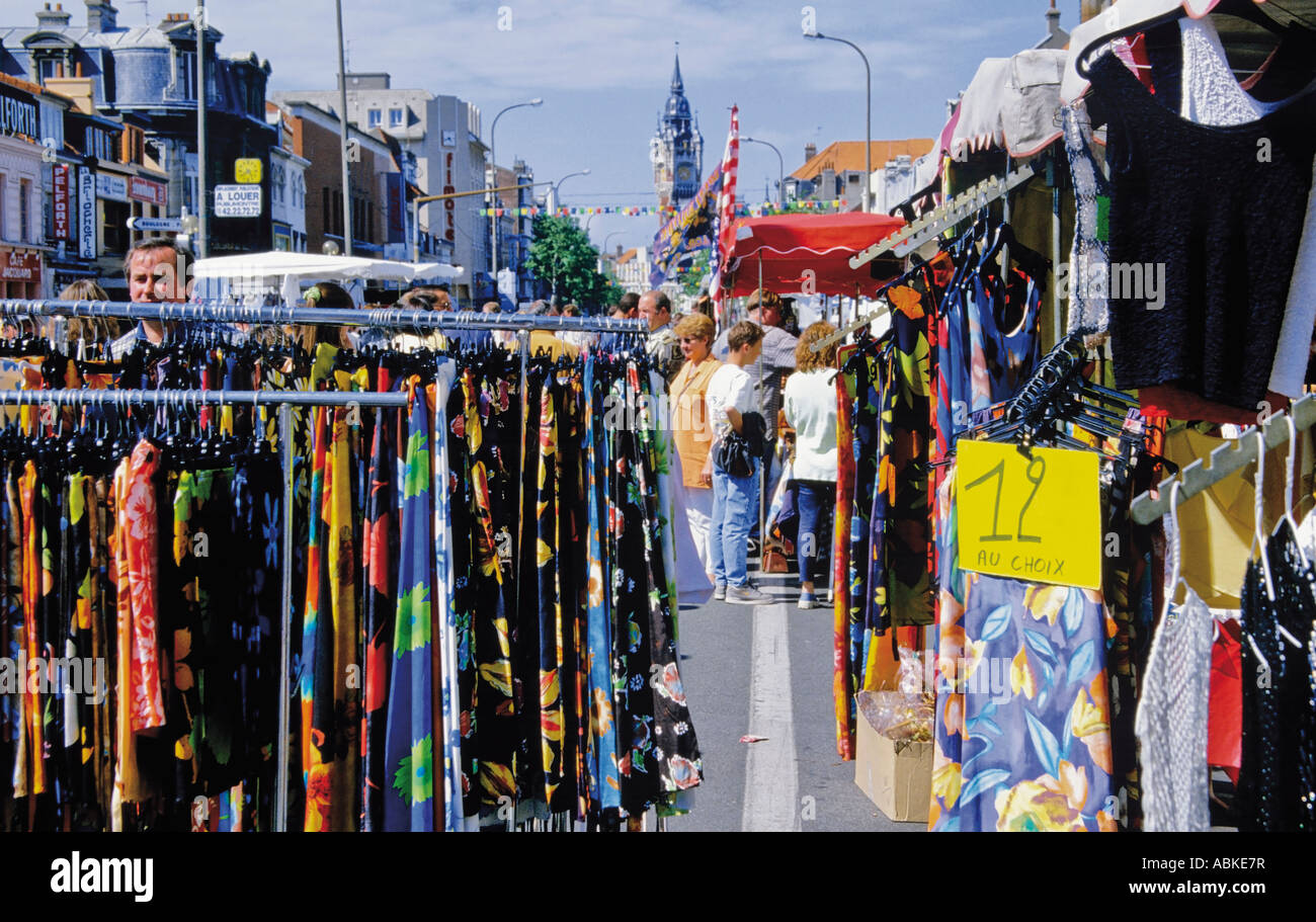 stalls selling clothes street market calais france Stock Photo - Alamy