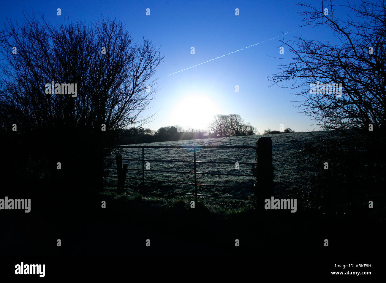 Winter snow scene with farm gate and trees hi-res stock photography and ...