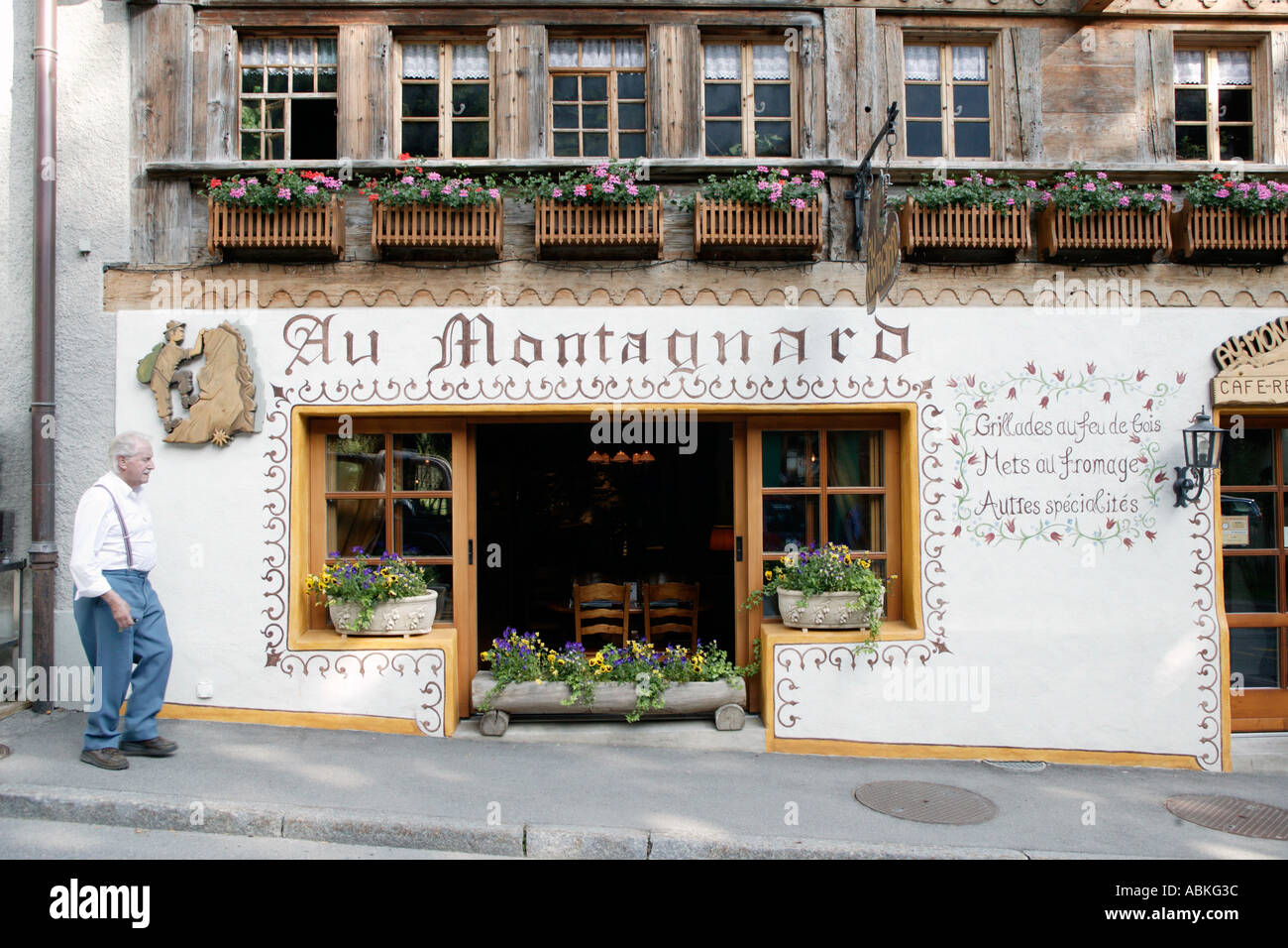 Typical Swiss Alpine restaurant in Chateau D Oex village in Pays D ...