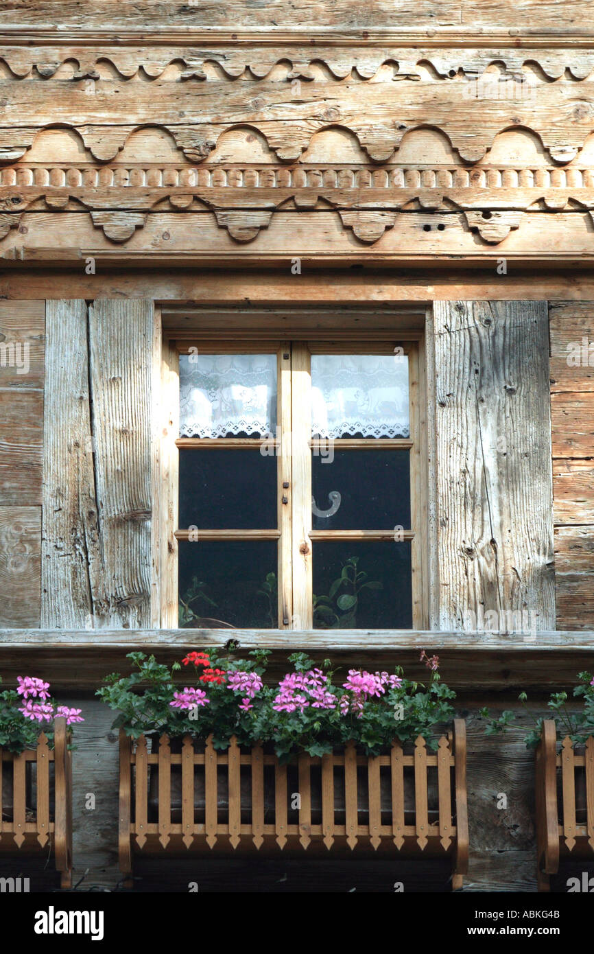 Typical window display of traditional Swiss Alpine chalet Chateau d Oex ...