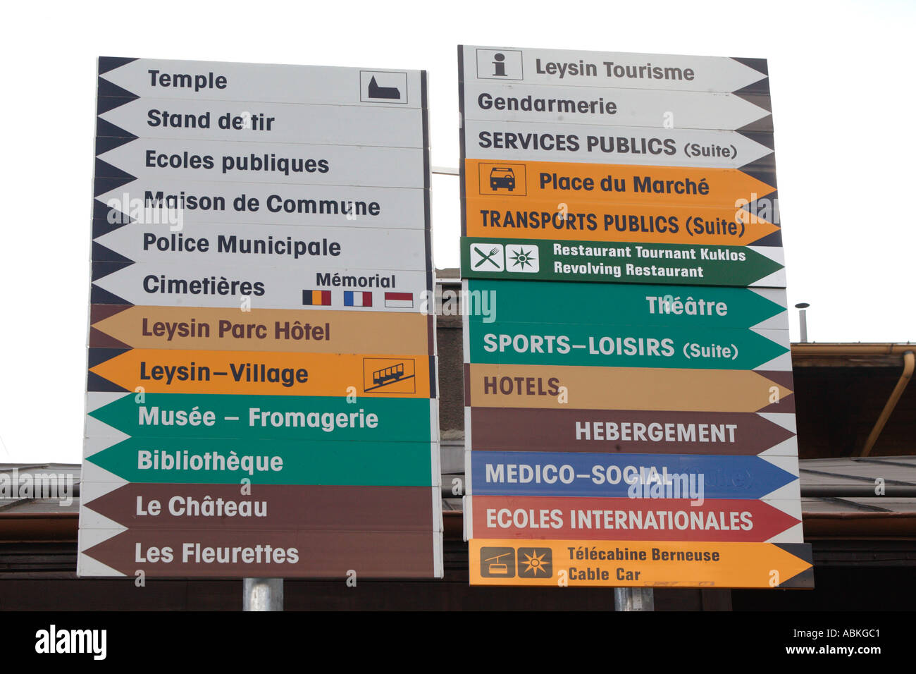 Sign post in French of local amenities in Leysin town in Valais region ...