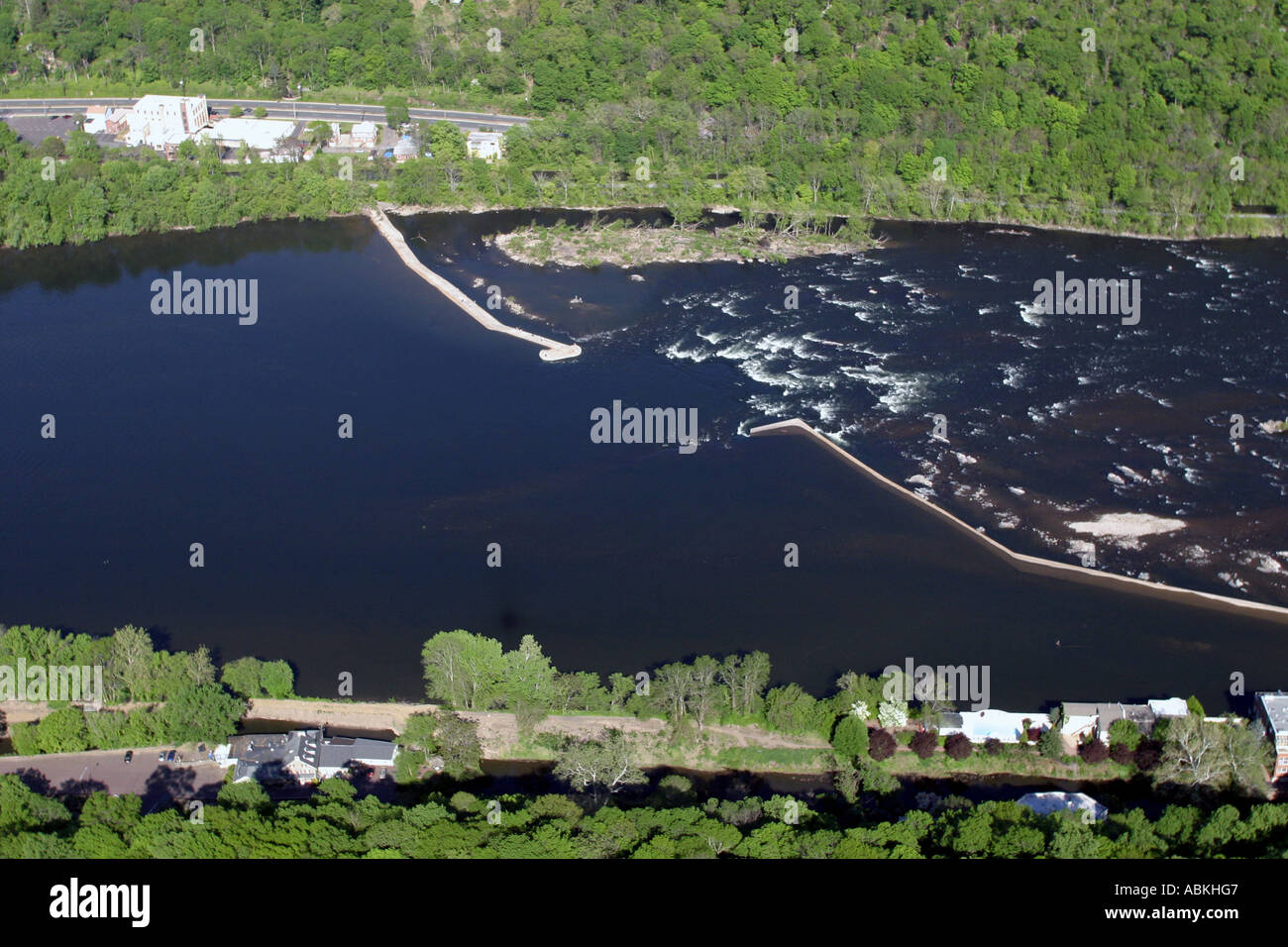 Aerial view of a wingdam on the Delaware River near Lambertville, New ...
