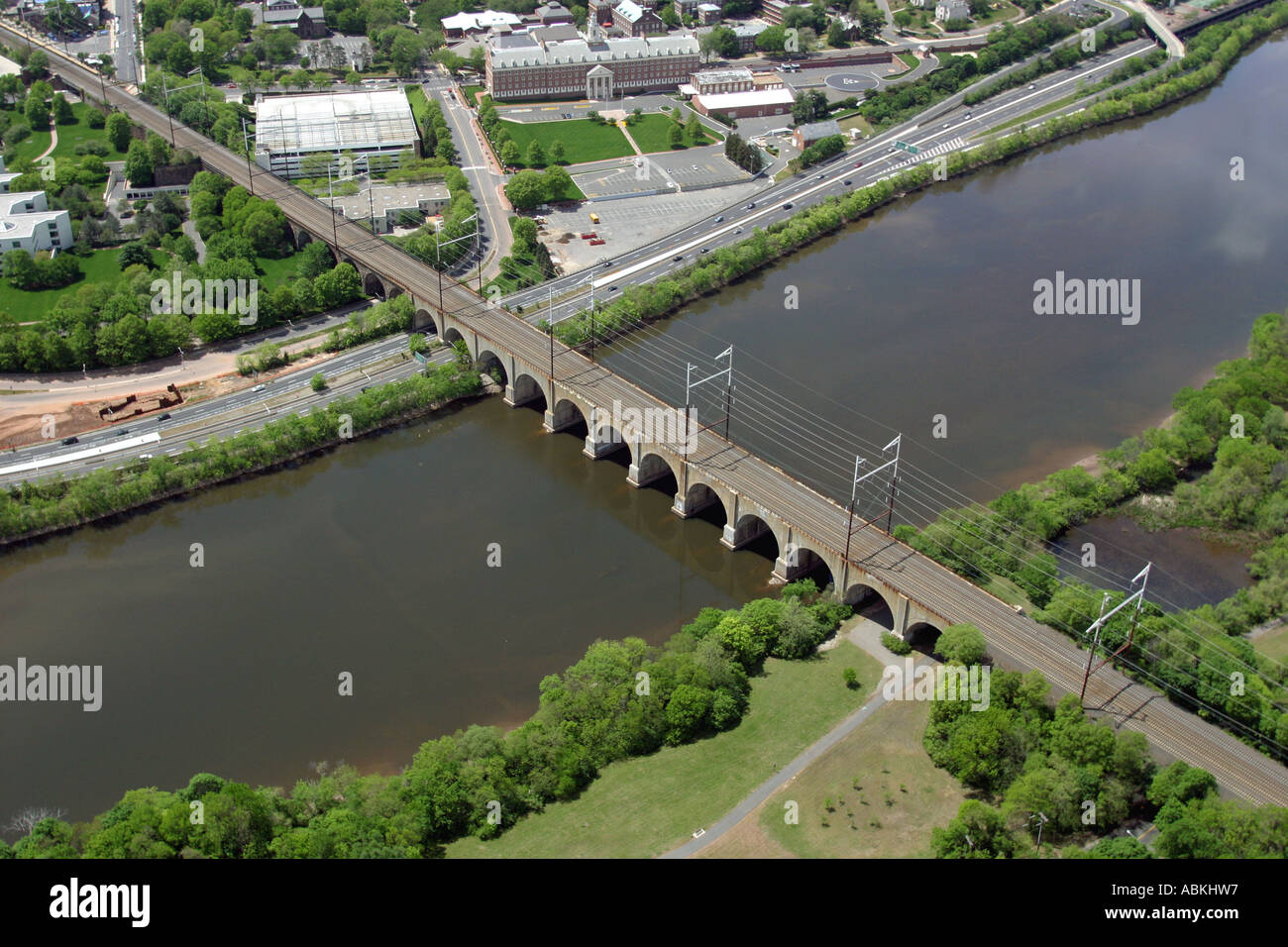 Aerial view of railroad bridge over Raritan River near City of New ...