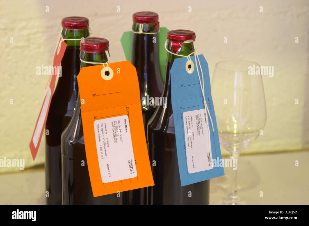 Bottled samples with labels for the French control authority INAO ...