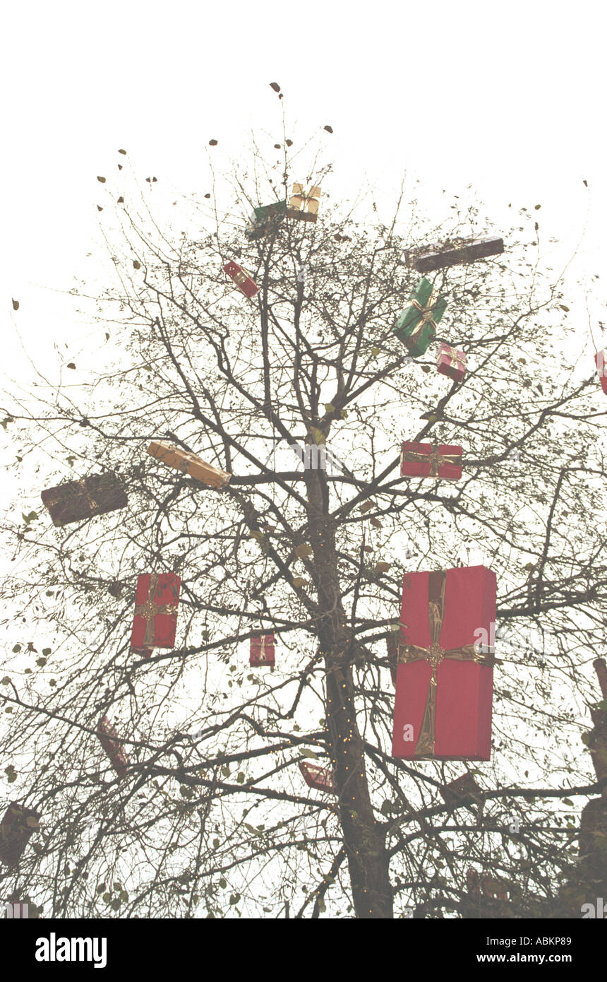 many wrapped presents stuck to branches in tree Stock Photo - Alamy