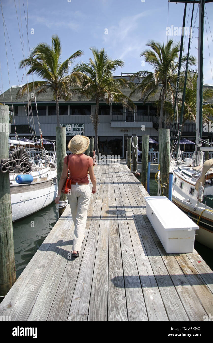 female model strolling down wood boards of the boat dock wearing straw ...