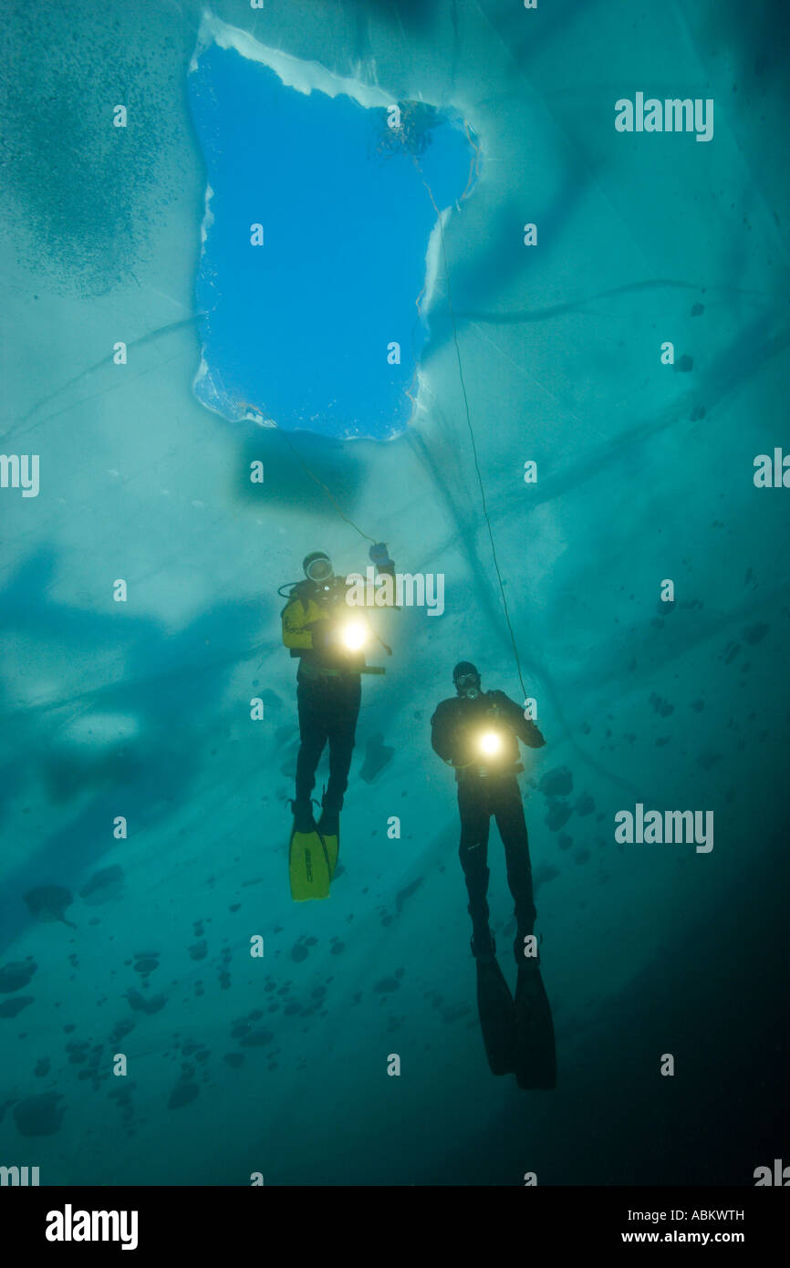 2 scuba diver below the ice hole Stock Photo - Alamy